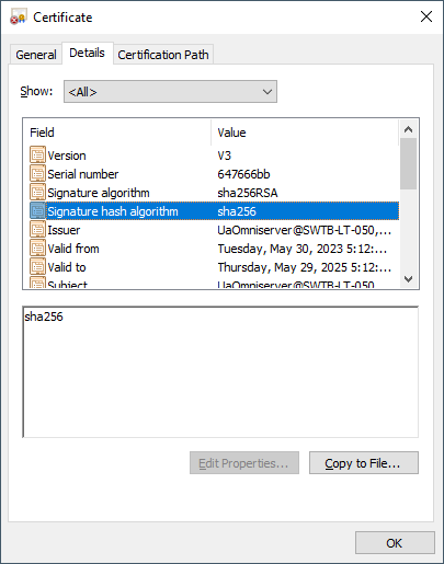 OmniServer Trusted OPC UA Client Certificates Require SHA-256 Algorithm